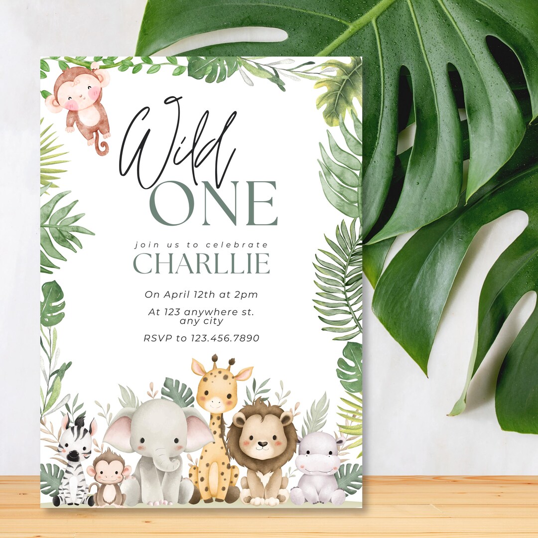 Editable Safari Wild One First Birthday Invitation | Watercolor Jungle ...