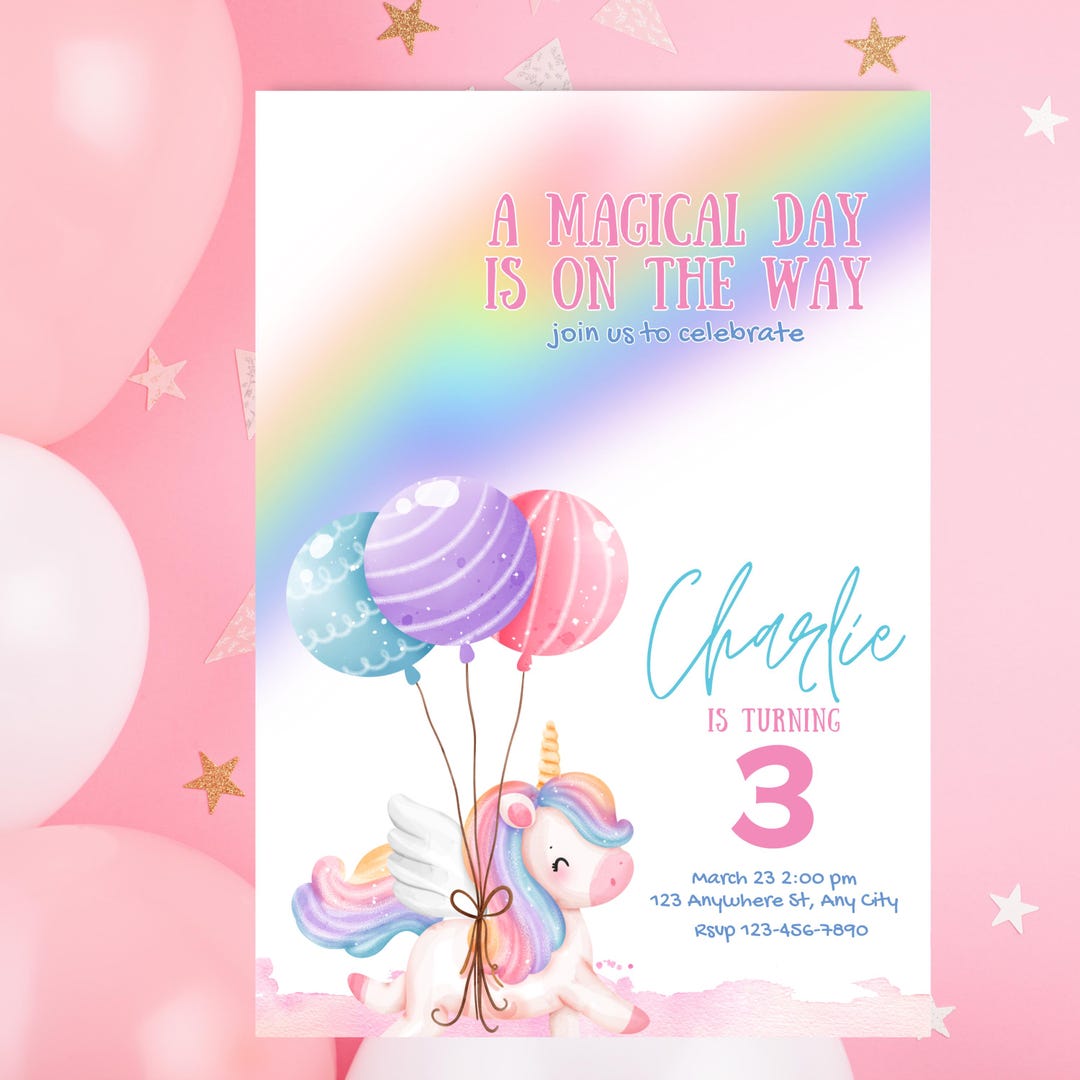 Editable Unicorn Birthday Invitation | Rainbow Watercolor Party ...