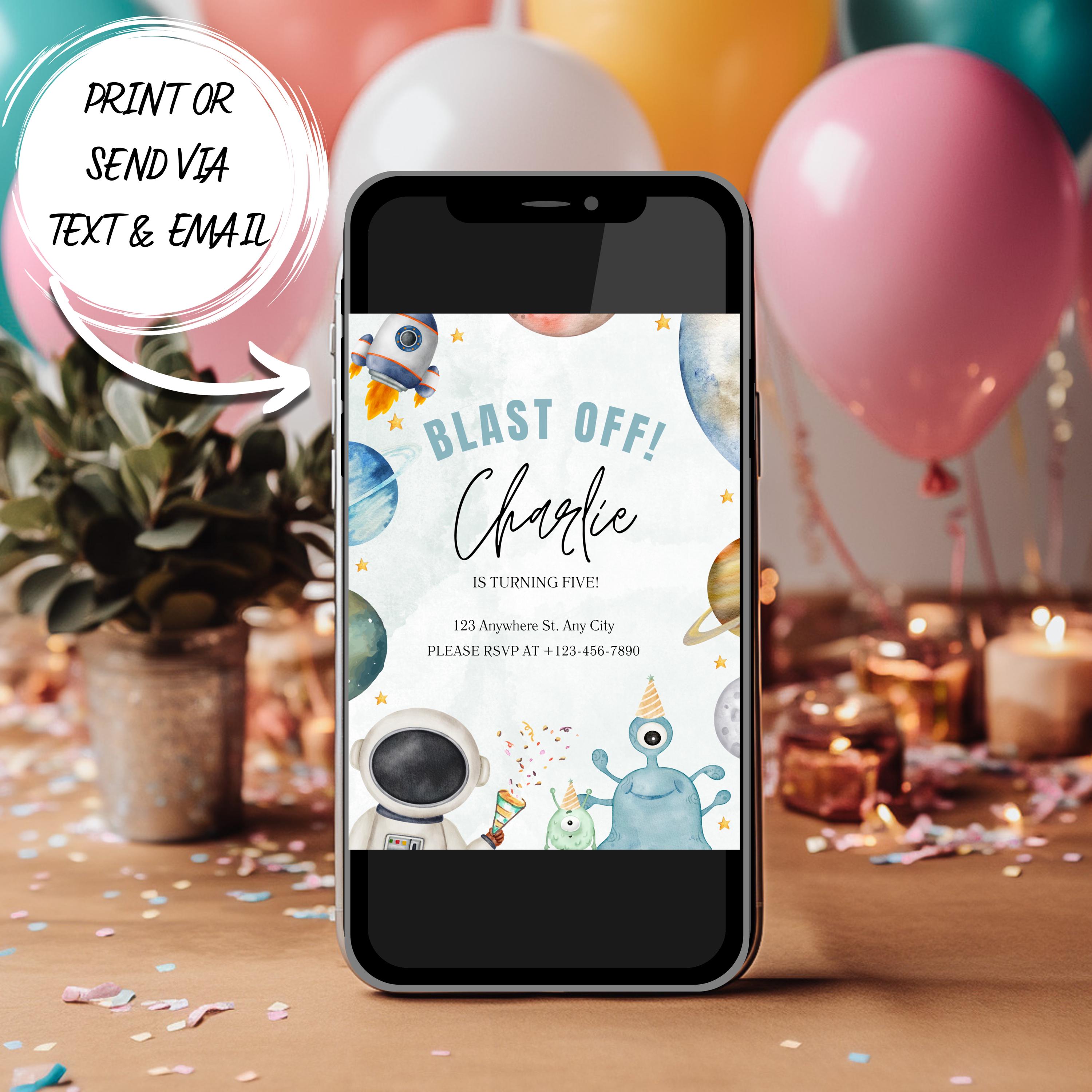 Editable Outer Space Birthday Invitation | Green Galaxy Watercolor ...