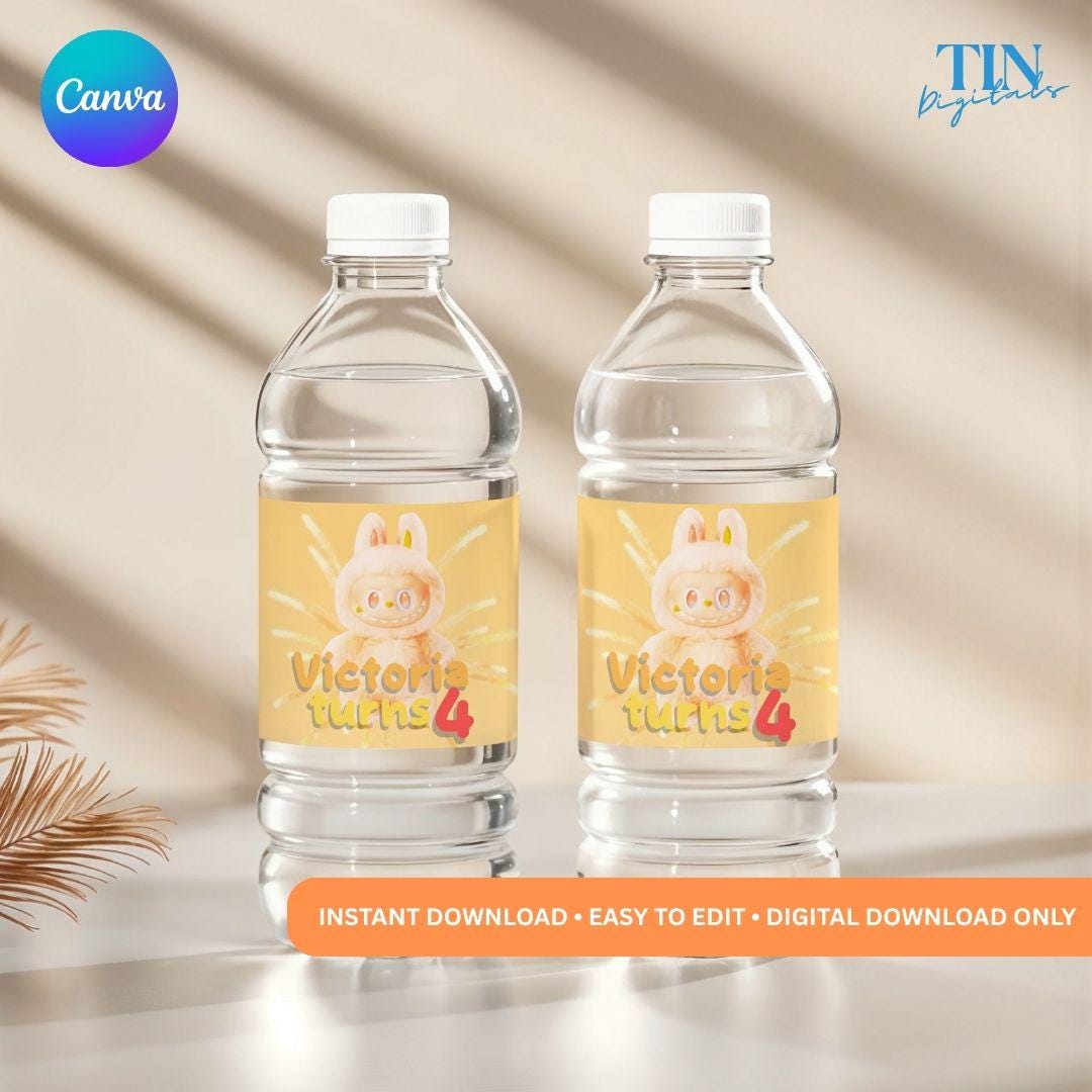 Labubu Water Bottle Label Template: Custom Birthday Party Favors (canva ...