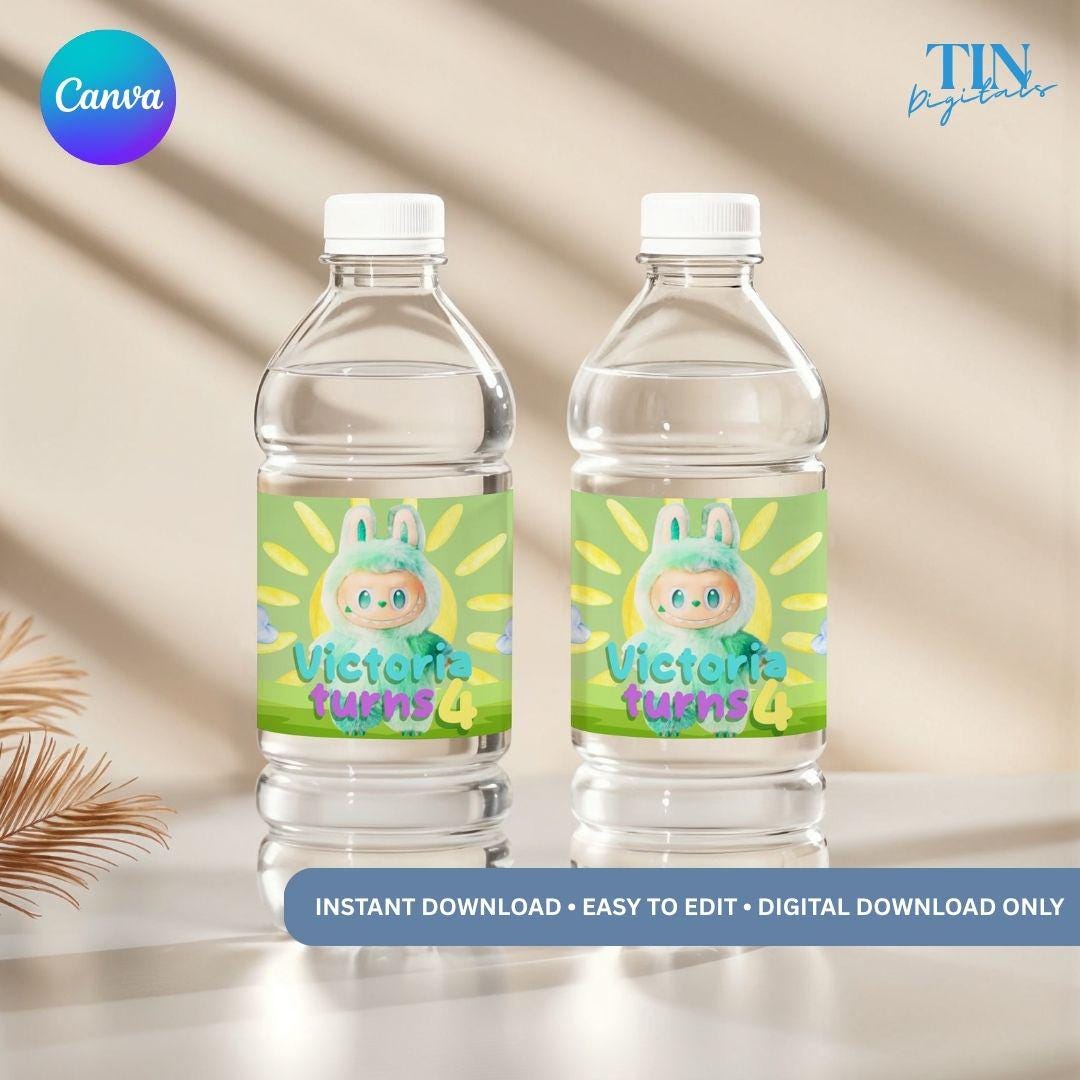 Labubu Water Bottle Label Template: Custom Birthday Party Favors (canva ...