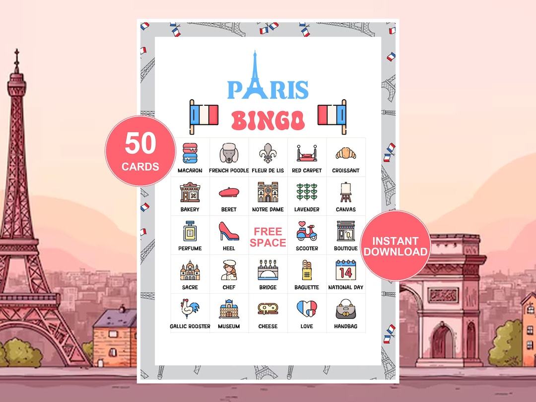 50 Paris Bingo Cards Printable French Birthday Party Game Kids Travel ...