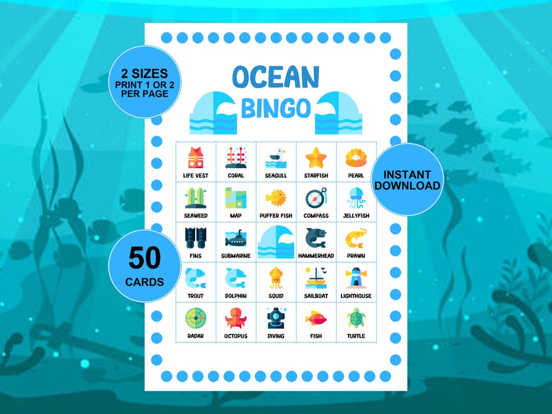 Ocean Bingo, Under the Sea Bingo, 30 Printable Ocean Bingo Cards, Ocean ...