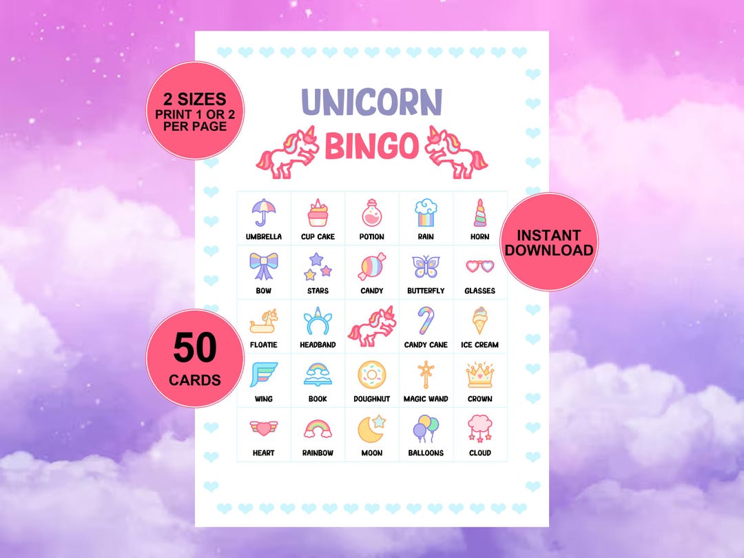 Unicorn Bingo, 30 Printable Unicorn Bingo Cards, Unicorn Birthday ...