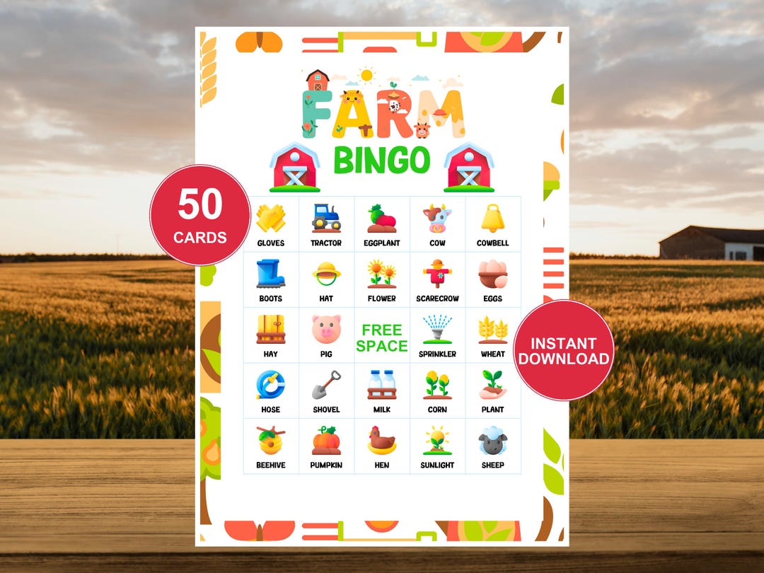 Farm Bingo 50 Printable Bingo Cards Farm Animal Bingo Game Barnyard ...