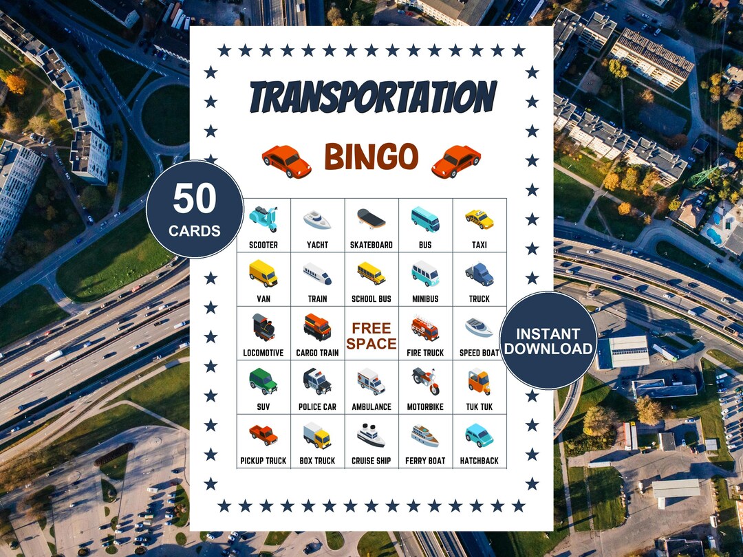 Transportation Bingo 50 Cards Car Bingo Trains Boats Bingo Birthday ...