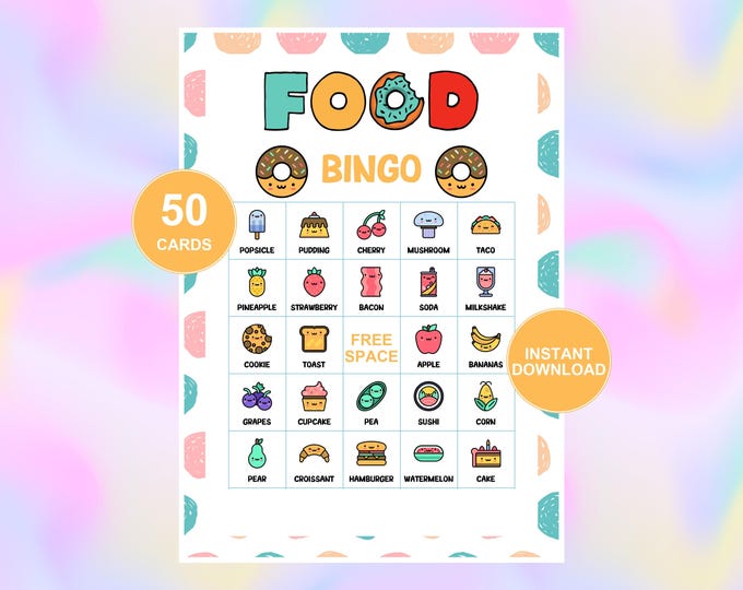 Printable Food BINGO Game, Kawaii Restaurant Digital Download for Kids ...