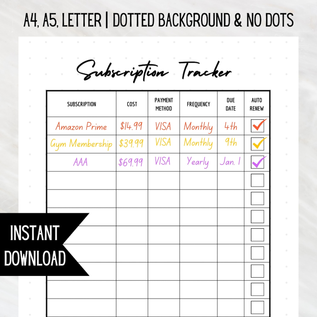 Subscription Tracker - PRINTABLE Journal Page - Planner Page - Expense ...