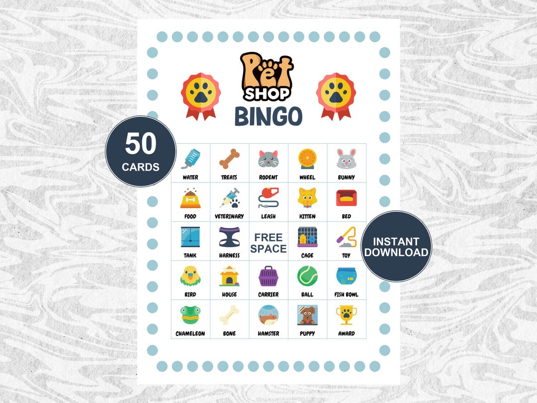 Pet Shop Bingo Cards 50 Game Boards Animal Bingo Printable Pet Store ...