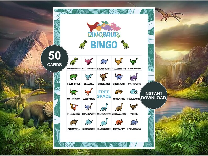 Dinosaur Bingo Game, 50 Unique Bingo Cards, Dinosaur Party Activity ...