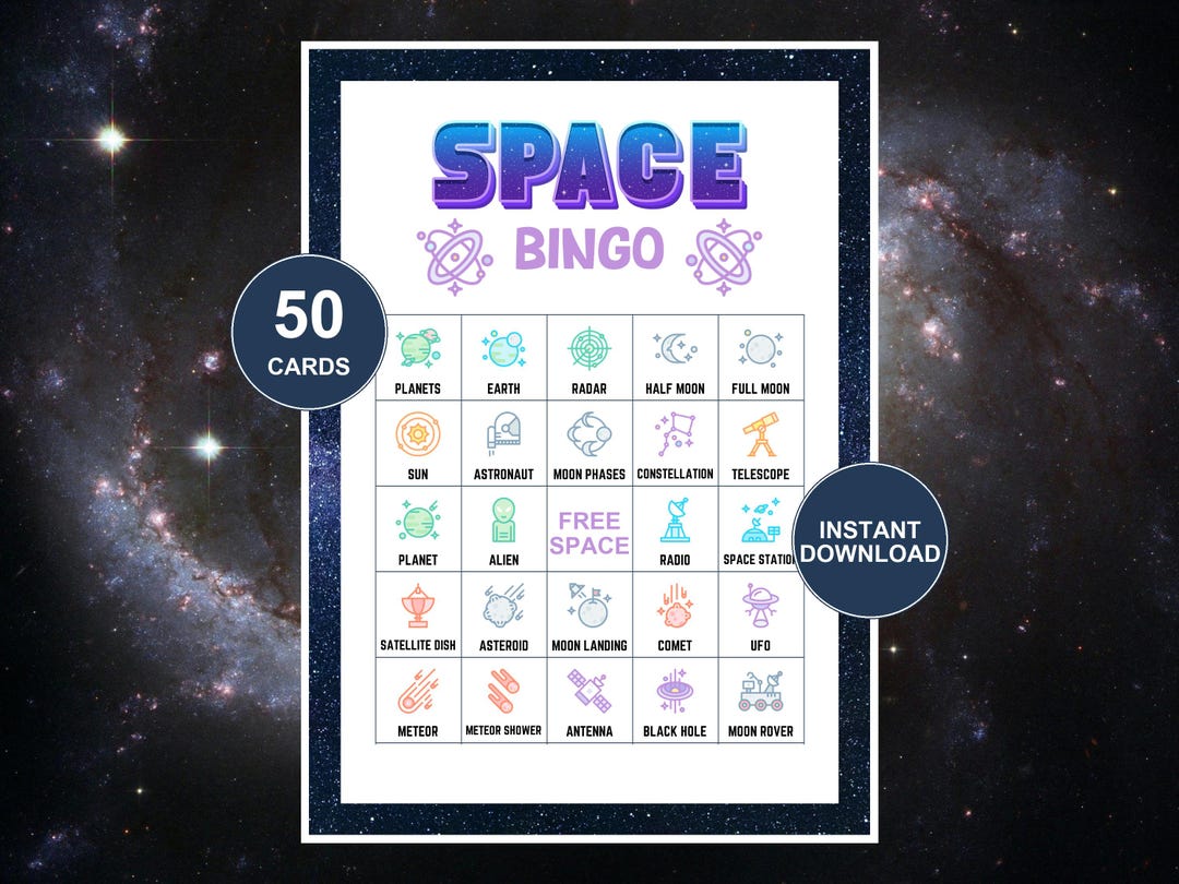 Outer Space Bingo, 50 Bingo Cards, Space Birthday Party Game for Kids ...