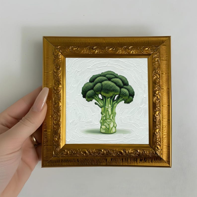 Broccoli Oil Painting, Small Framed Original Art Vegetables Wall Decor ...