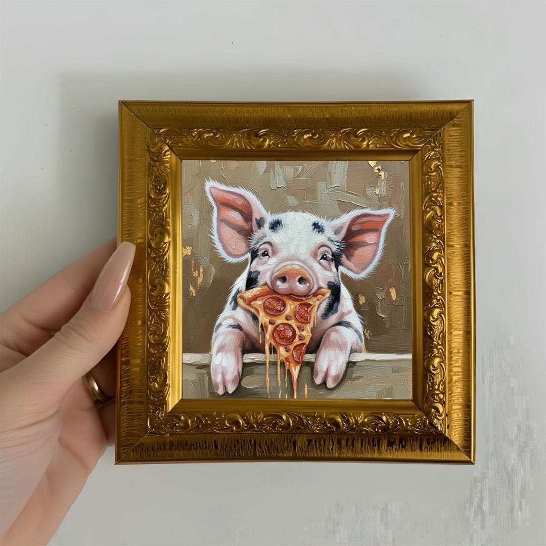 Original Pigs Eat Pizza Oil Painting, Small Framed Canvas Art, Unique ...