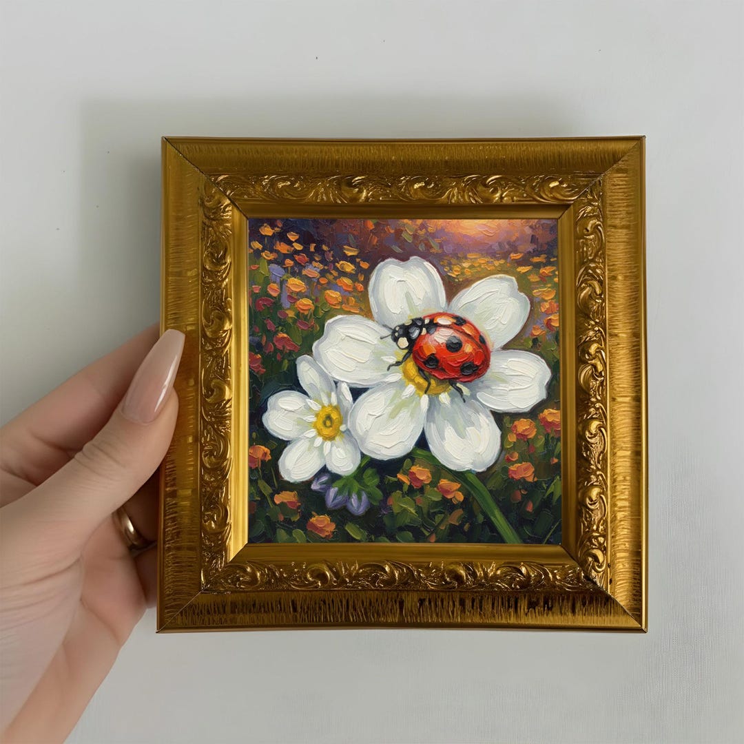 Ladybug Oil Painting, Small Framed Original Art Floral Wall Decor - Etsy