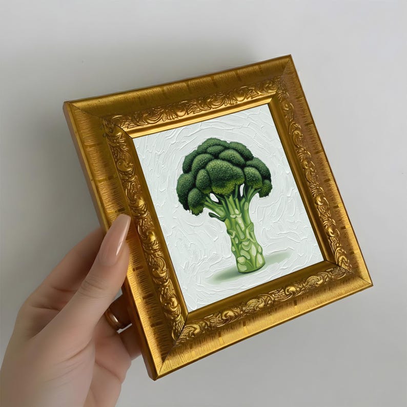 Broccoli Oil Painting, Small Framed Original Art Vegetables Wall Decor ...