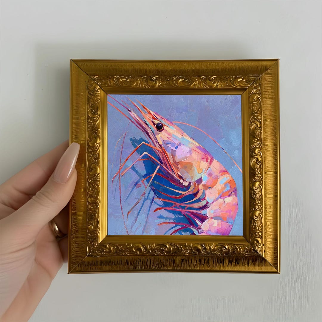 Hand-painted Shrimp Oil Painting, Small Framed Canvas Art, Animals Wall ...