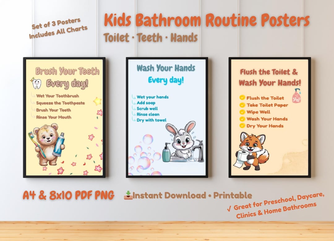 Kids Bathroom Routine Posters | Toilet, Hand Wash, Teeth Charts | A4 ...