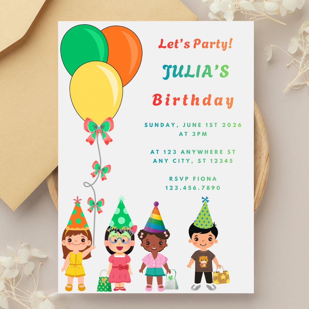 Kids Birthday Party Invitation Printable | Colorful Balloons & Party ...