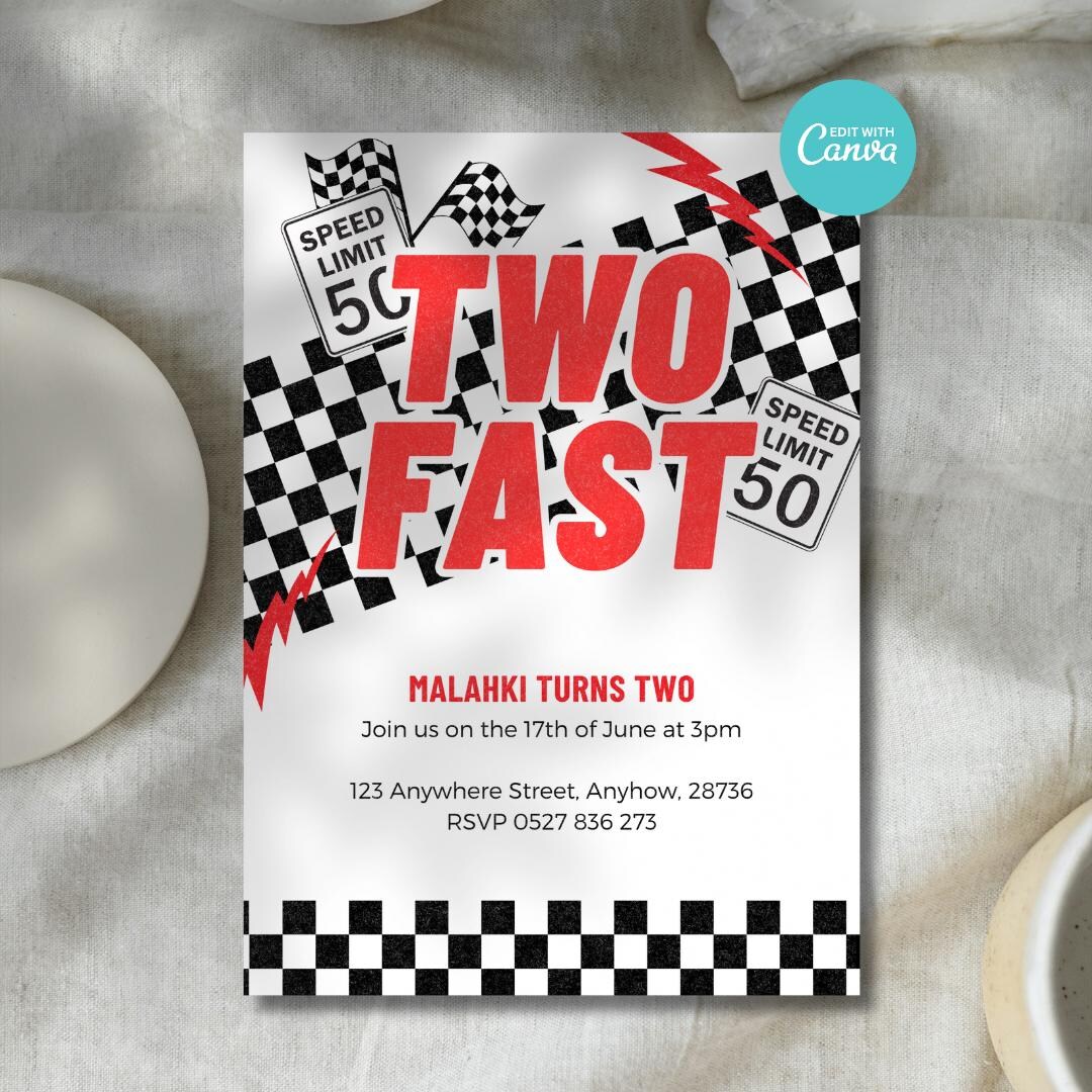Editable Two Fast Racing Car Kids Birthday Invitation - Etsy