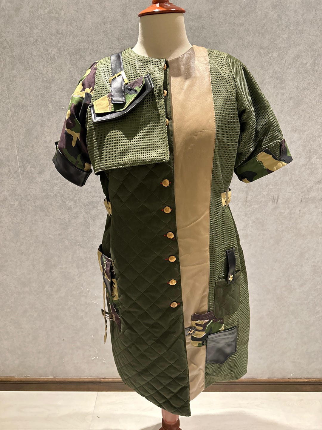 Army-inspired Coat-style Midi Dress With Camouflage Panel Cutline ...