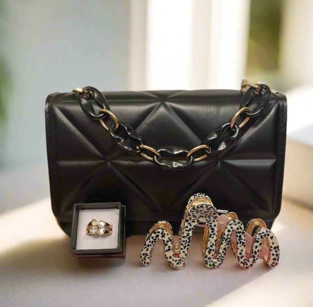 Preppy Girl Gift Set Little Black Handbag, Crystal Ring & Spotted ...