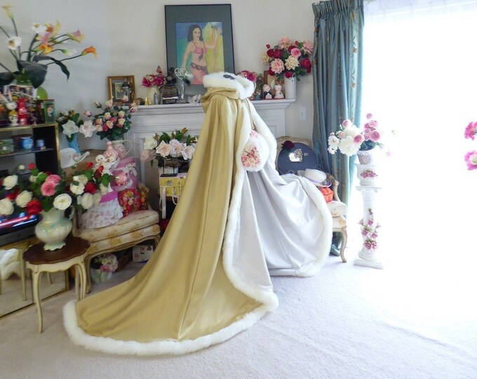 Victorian Bridal Cape 52/67-inch Sweeping Train Gold / Ivory Satin ...