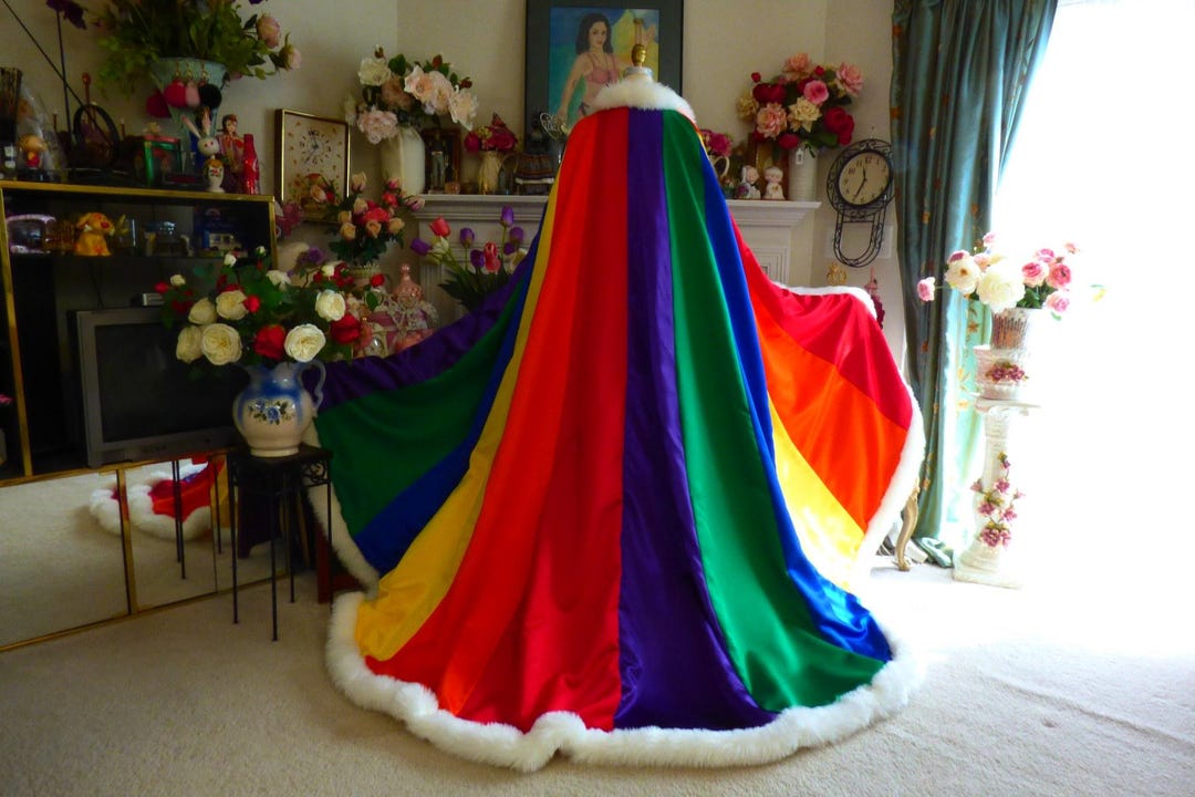 Lgbtq-pride Wedding Cape Reversible Rainbow/ White Satin V-neck Cloak ...