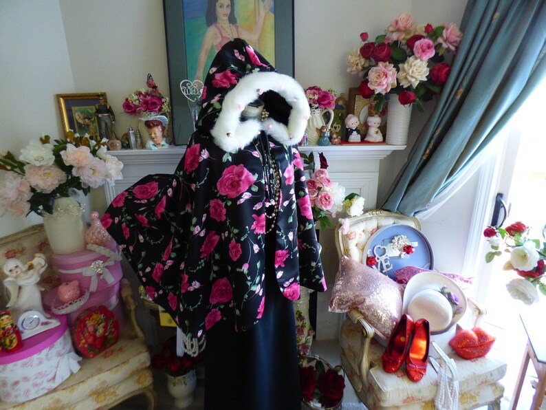 Floral Pink-rose Bridal Cape 30-inch Floral Satin/ Black Satin | Etsy