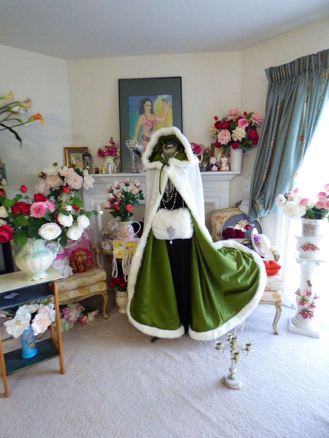 Victorian Winter Princess Bridal Cape Olive-green/ Ivory Satin 52 Full ...