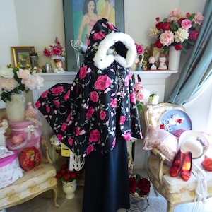 Floral Pink-rose Bridal Cape 30-inch Floral Satin/ Black Satin Wedding ...