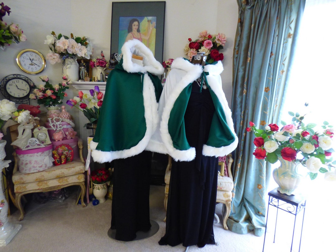 Winter Queen Forest-emerald-green / IVORY Satin Bridal Cape 27-inch Hip ...