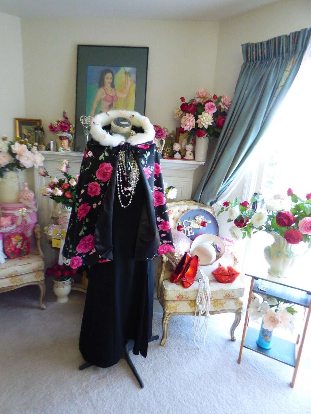 Floral Pink-rose Bridal Cape 30-inch Floral Satin/ Black Satin - Etsy