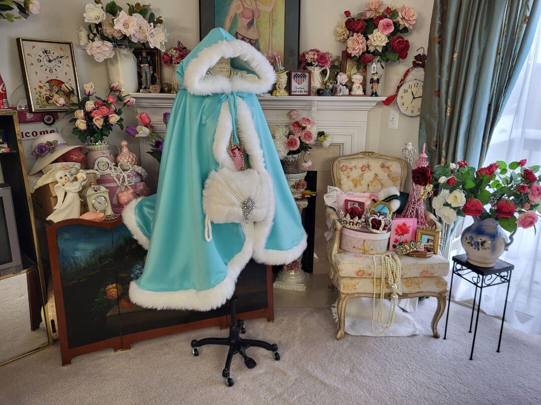Princess Bridal Cape Medium-length 37-inch Aqua-blue / Ivory Satin ...