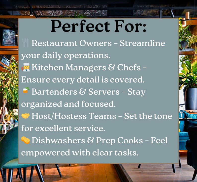 Restaurant Opening & Closing Checklist Editable Restaurant Operations ...