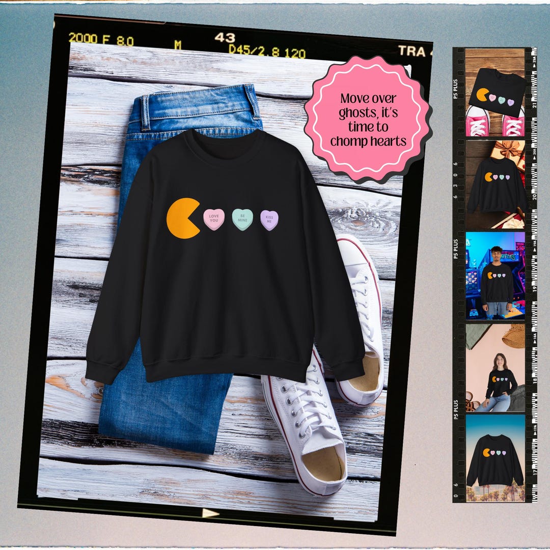 Retro Pac-man Candy Hearts Valentine's Sweatshirt - Funny Gamer Gift ...