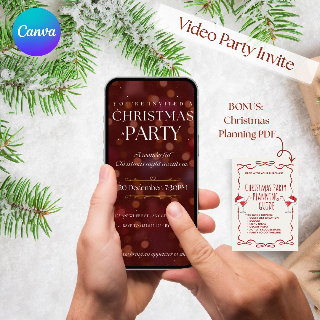 Digital Christmas Party Video Invitation: Editable in Canva ...