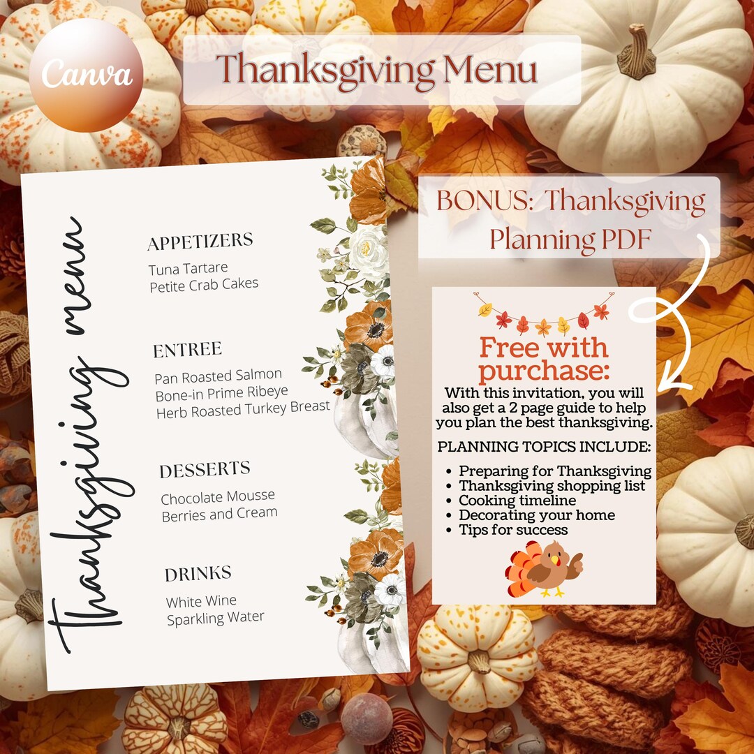 Editable Thanksgiving Menu Template: Digital Download, Canva Menu for ...