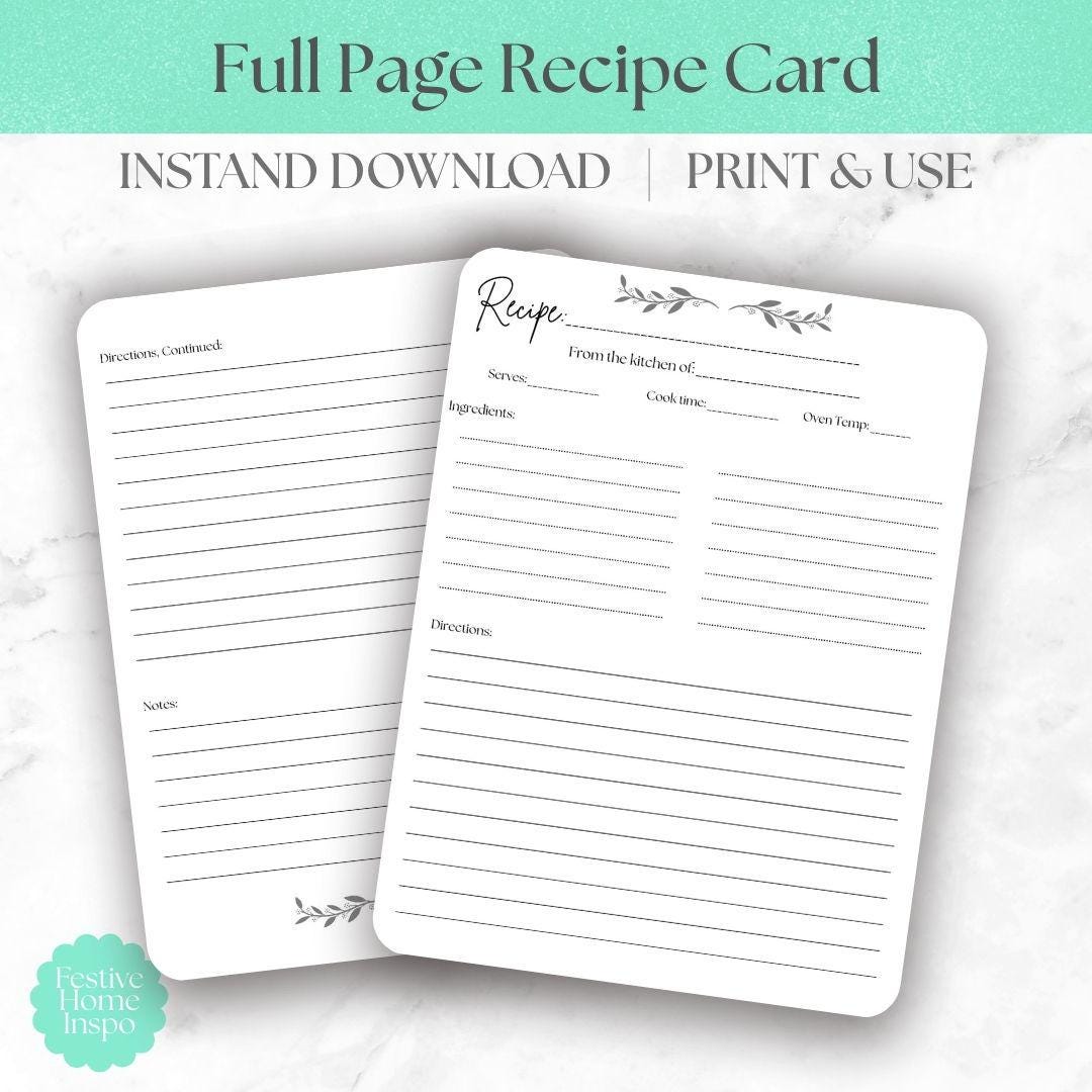 Printable 8.5 X 11 Recipe Page | Instant Download Recipe Page | Elegant ...