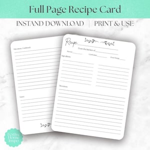 Full Page Recipe Card, Instant Download Recipe Page, Elegant Chic ...