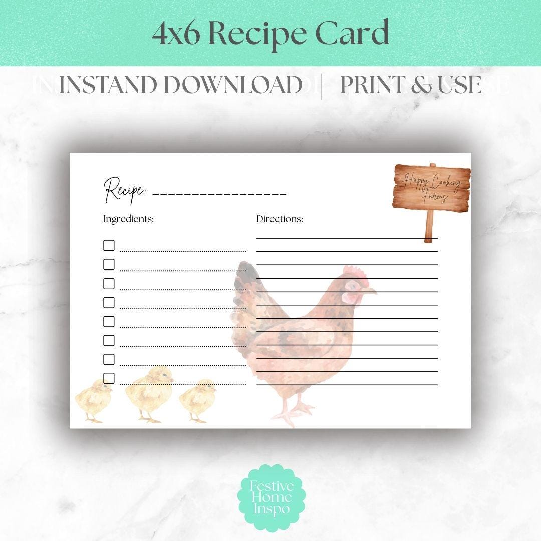 Farm Recipe Card: Chicken & Chick Design (digital Download) - Etsy