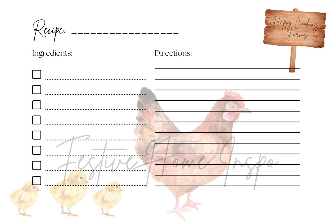 Farm Recipe Card: Chicken & Chick Design (digital Download) - Etsy