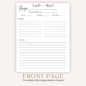 Full Page Recipe Card, Instant Download Recipe Page, Elegant Chic ...
