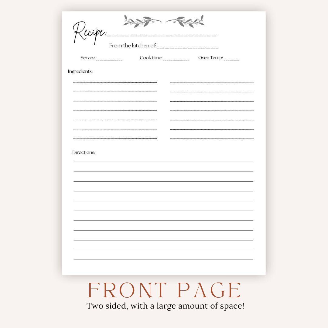 Printable 8.5 X 11 Recipe Page | Instant Download Recipe Page | Elegant ...