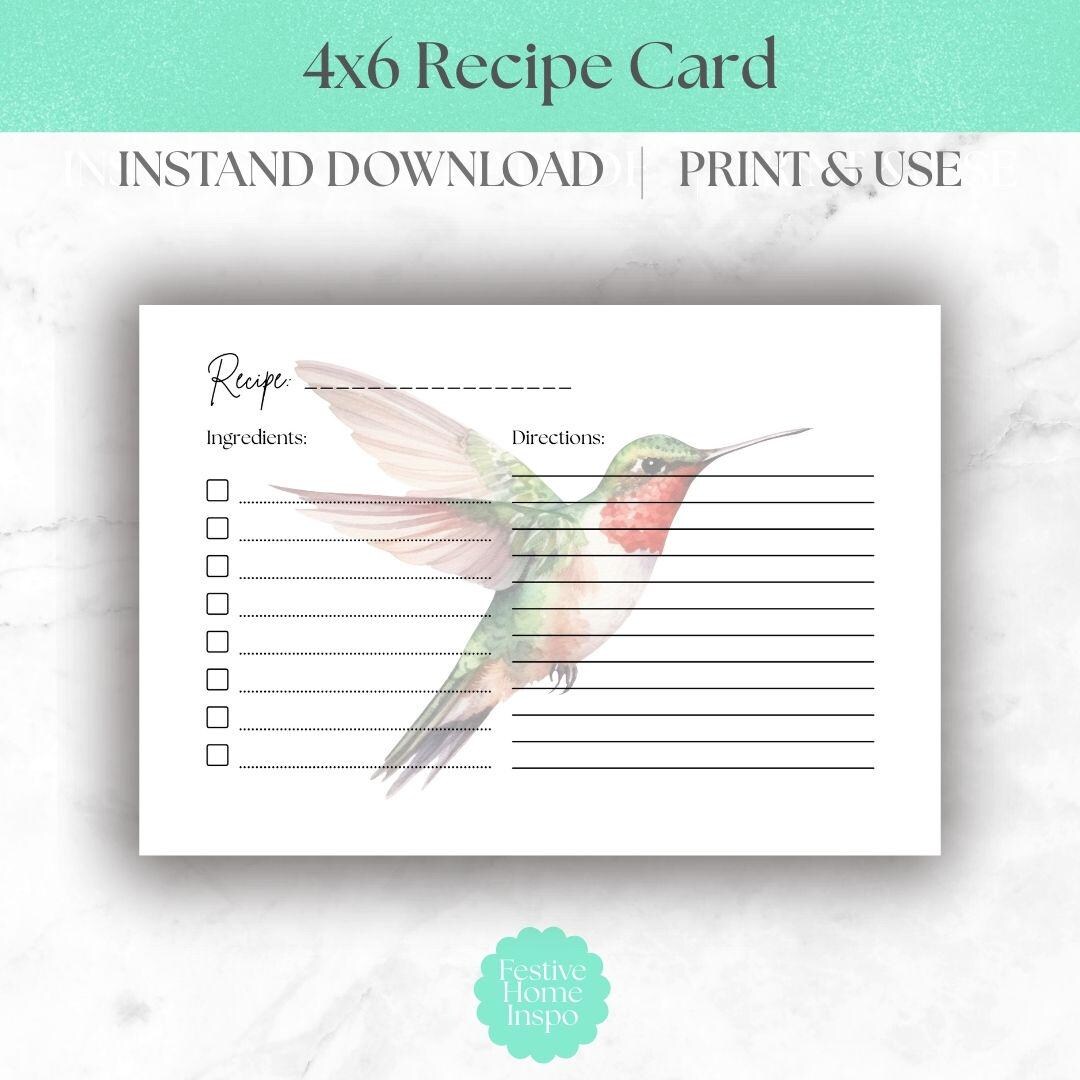 Printable 4x6 Hummingbird Recipe Card – Instant Download | Digital ...