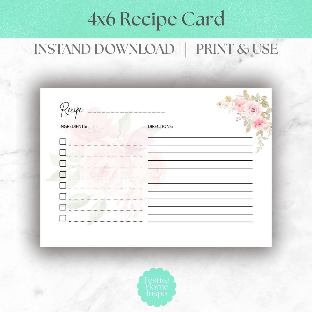 Floral Recipe Card 4x6 Inches, Floral Recipe Cards, Printable Recipe ...