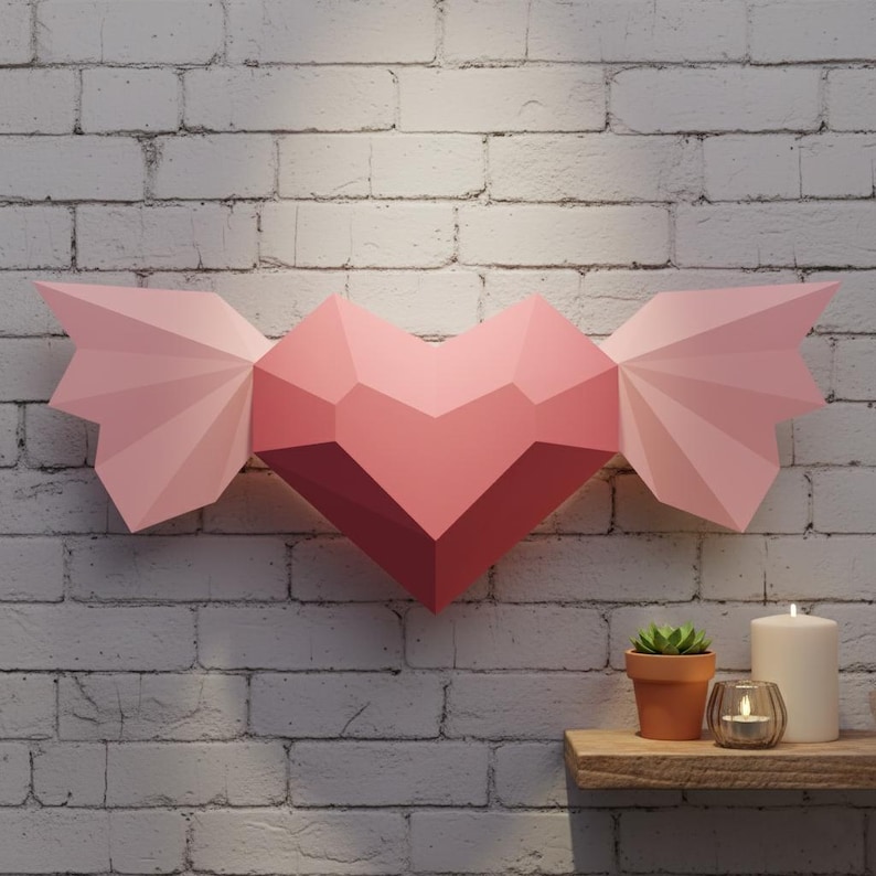 3D Paper Heart With Angel Wings Papercraft | DIY Valentine Decor | Low ...
