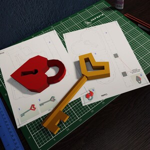 Heart-shaped Castle and Key Papercraft - DIY Paper Model for Valentine ...