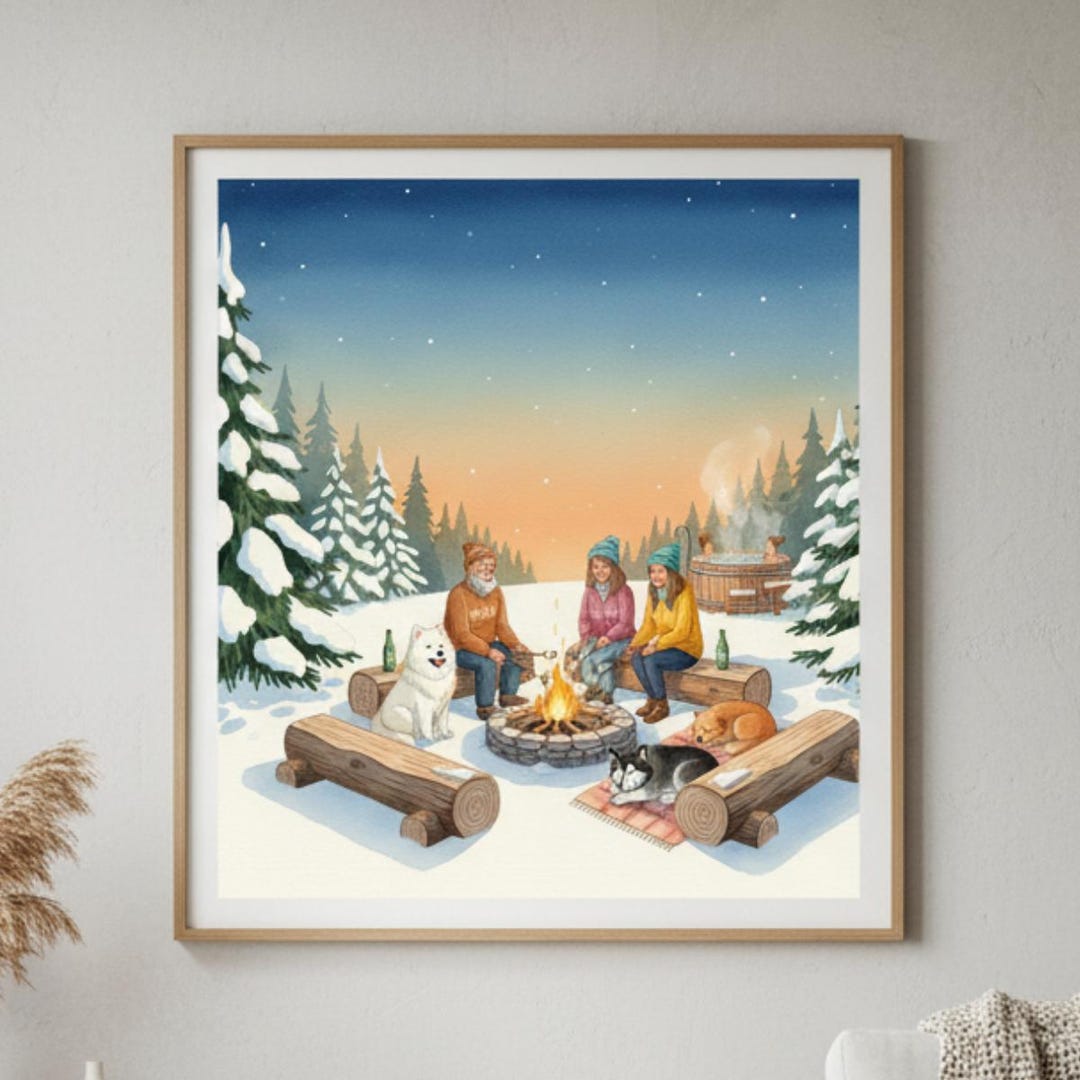 Cozy Bonfire Watercolor Art Print, Winter Cabin Scene (digital Download ...