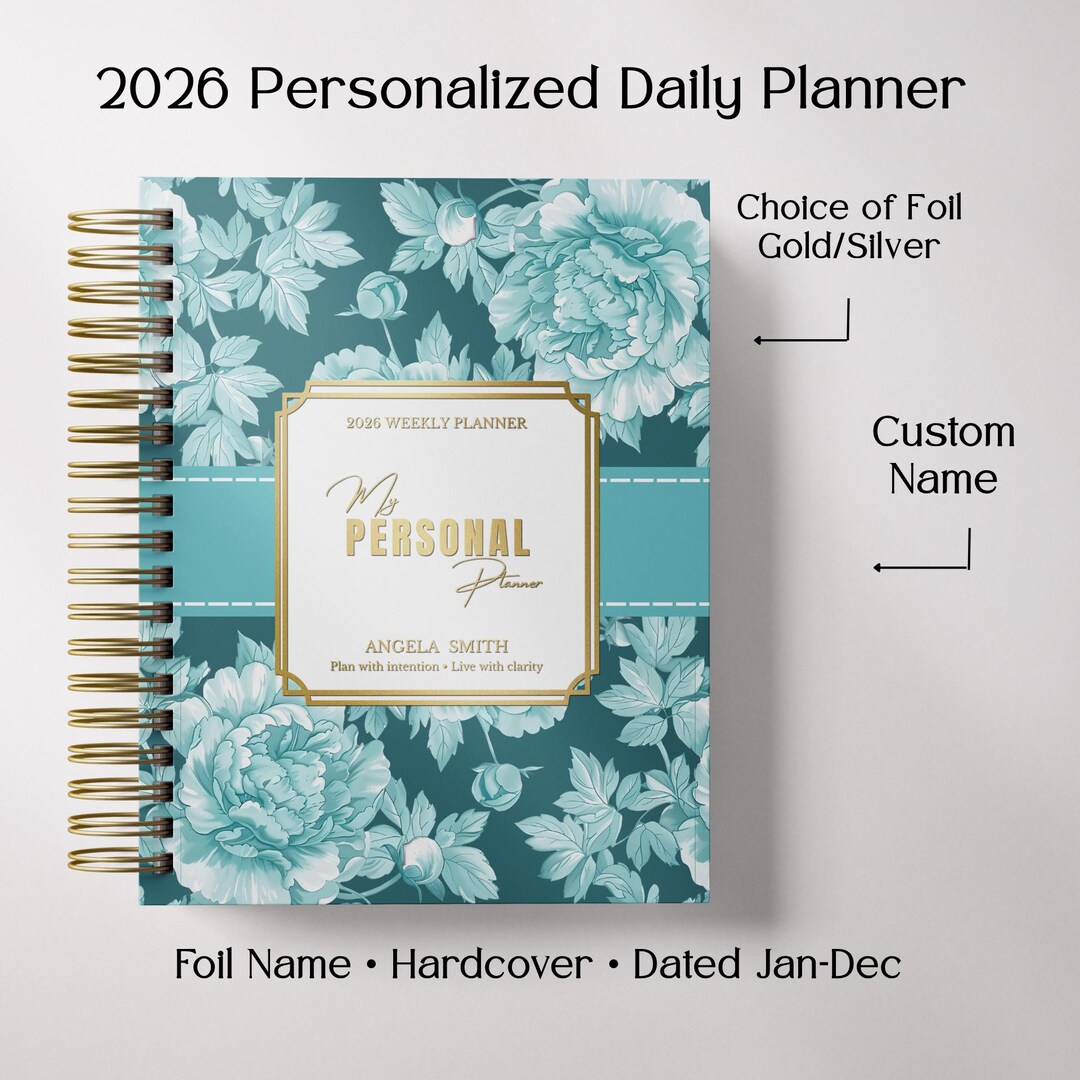 Personalized 2026 Planner, Aqua Peonies Hardcover Weekly Monthly Luxury ...