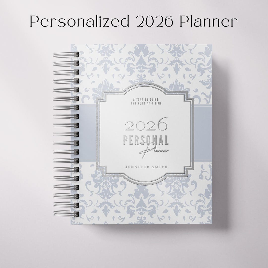 Personalized Blue 2026 Weekly Planner, Chateau Damask Spiral Planner With Monthly Tabs, Foil ...